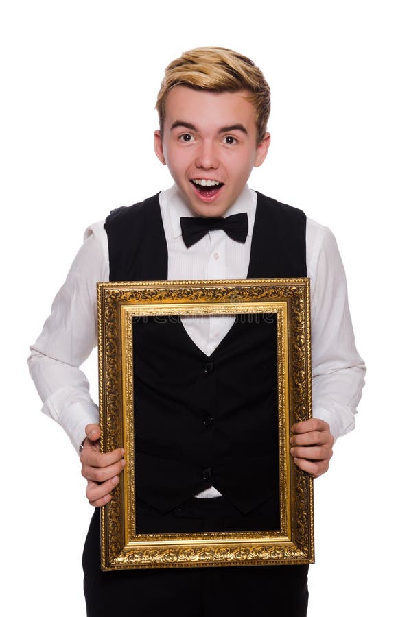 Young Man Holding Frame Isolated on White Stock Image - Image of retro ...