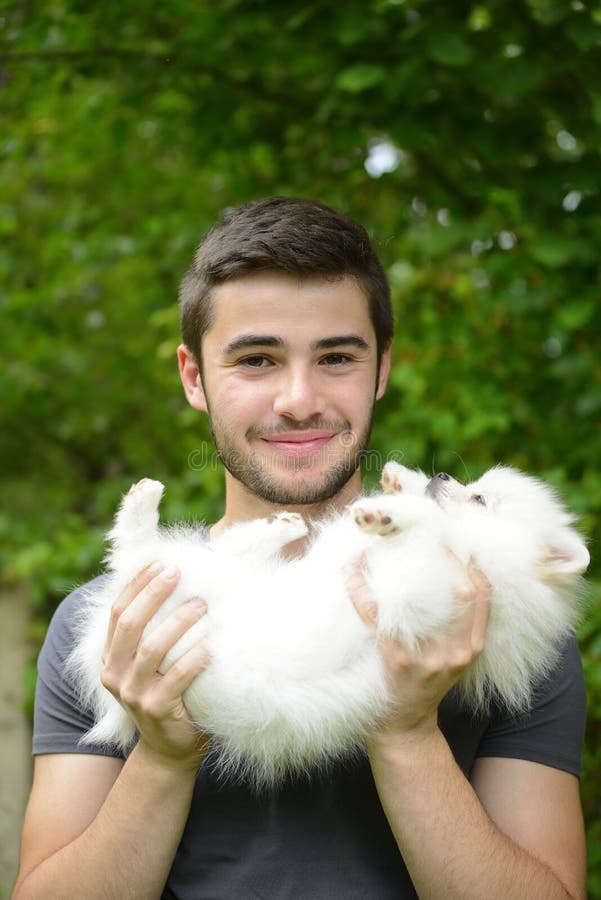 Young Man Holding German Spitz Puppy Stock Photo - Image of adopt ...