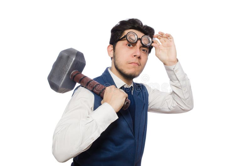 Young Man Holding Hammer Isolated on White Stock Photo - Image of ...