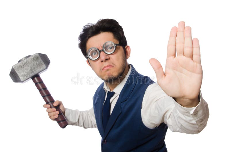 The Young Man Holding Hammer Isolated on White Stock Image - Image of ...