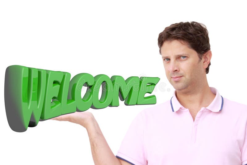 Young Man Holding with His Right Hand the Write `WELCOME` in Green 3D ...