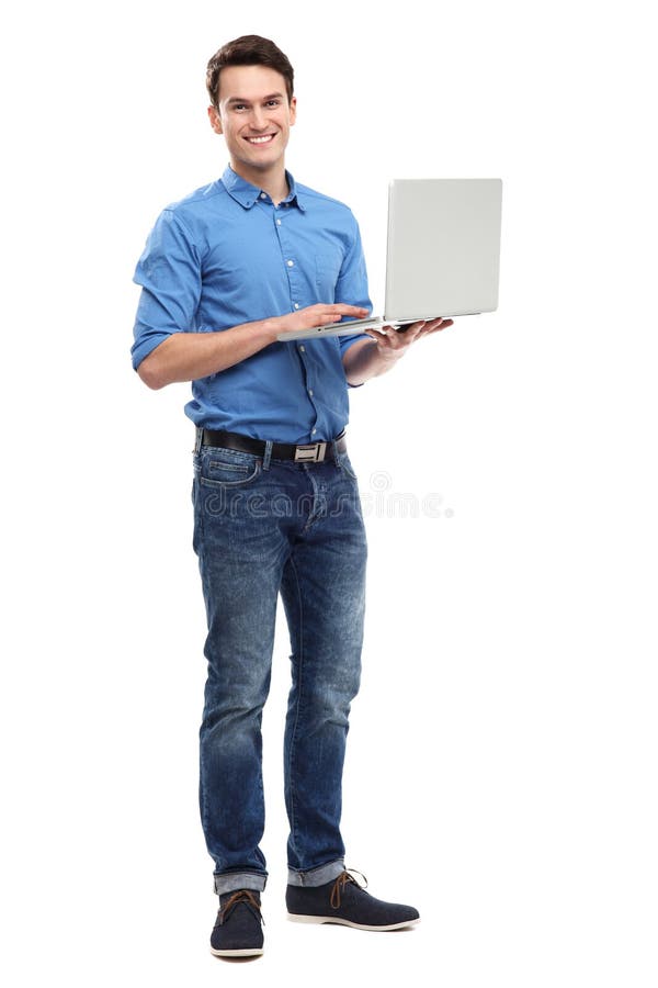 Young man holding laptop stock image. Image of cheerful - 29089235