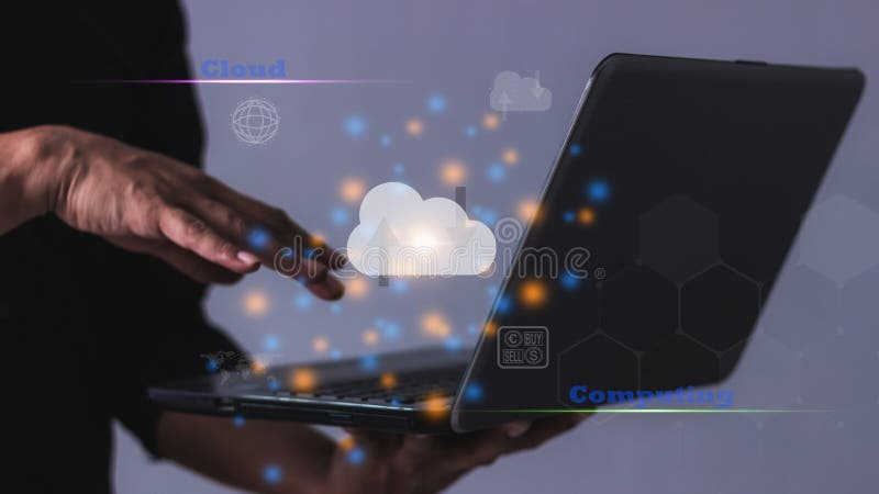 Young Man Holding Laptop Computer Notebook and Cloud Computing Diagram in Hand Stock ...