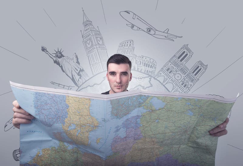 Young man holding map stock image. Image of journey, relax - 89161741