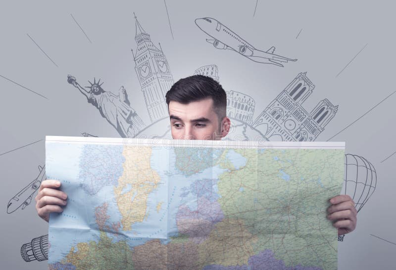 Young man holding map stock image. Image of destination - 90893195