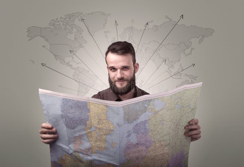 Young man holding map stock image. Image of foreign, country - 91817817
