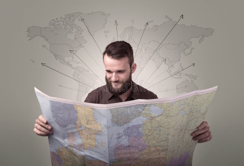 Young man holding map stock image. Image of pointing - 96872609