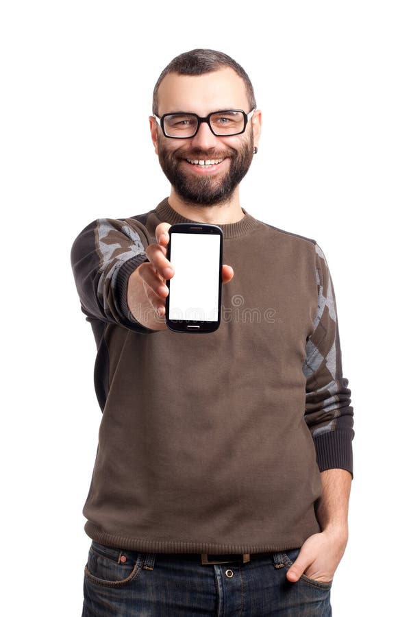 Young Man Holding a Mobile Phone Stock Photo - Image of show, hand ...