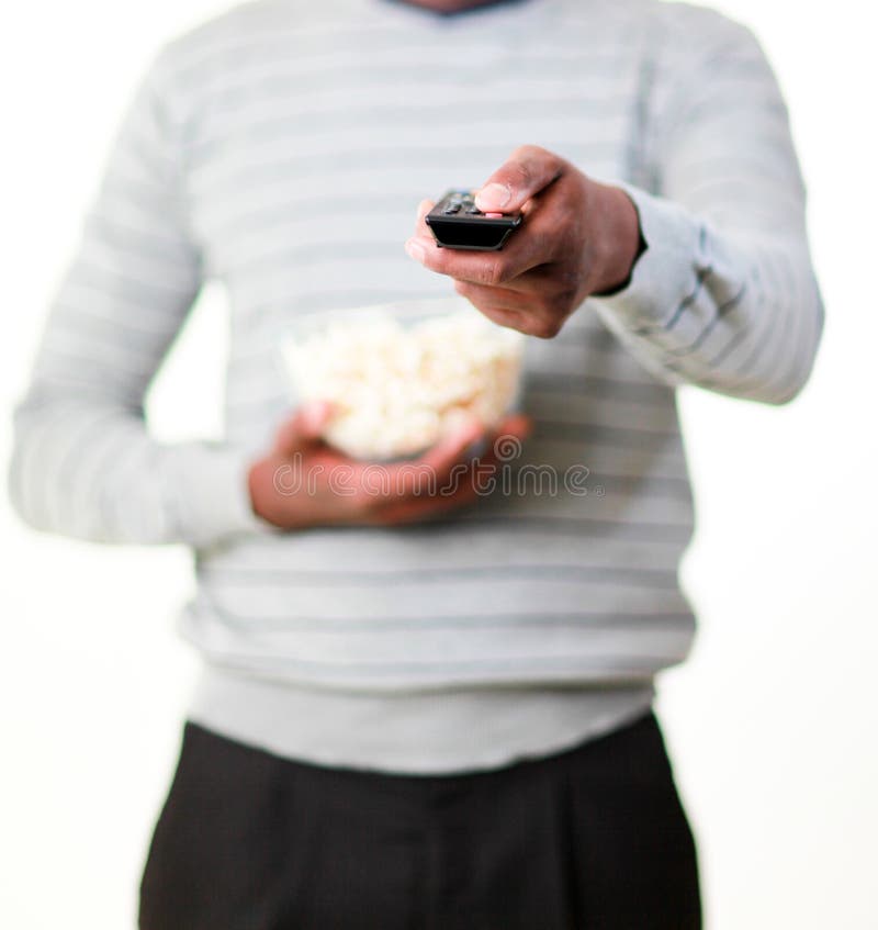 Young Man Holding Remote Control and Pop Corn Stock Photo - Image of ...