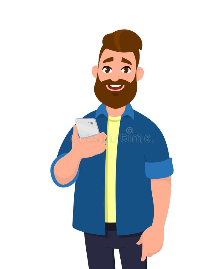 Young Man Holding Smartphone Mobile Phone Concept Stock Vector