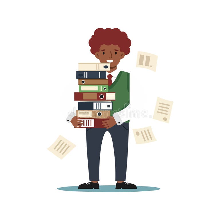 Young Man Holding Stack of Office Folders and Documents in Busy Work ...