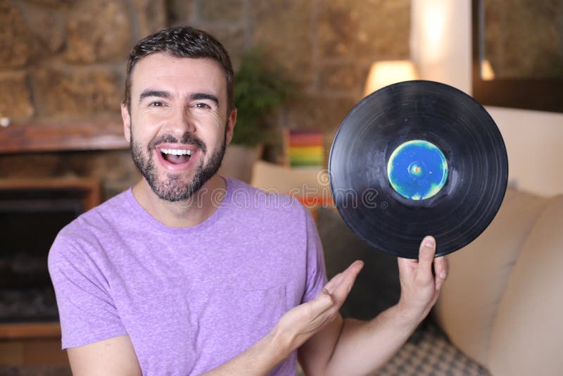 Young Man Holding Vintage Vinyl Stock Photo - Image of hold, positive ...