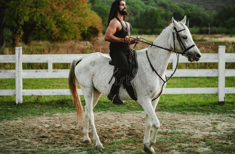 Young Man on Horse Riding on Horseback. Stock Photo - Image of ...