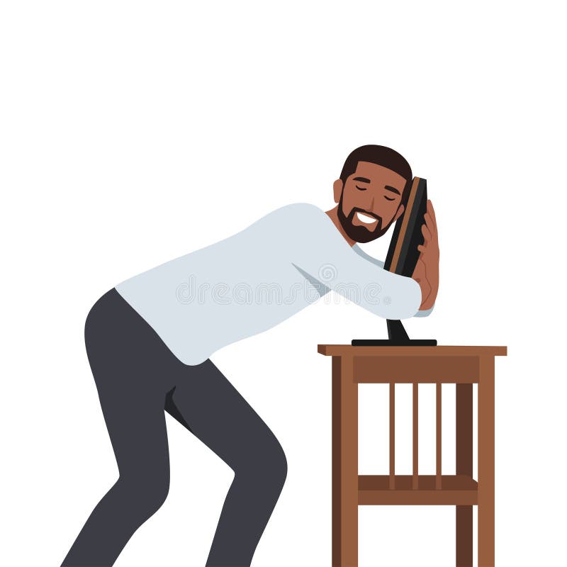 Young man Hugging Computer stock illustration. Illustration of love ...