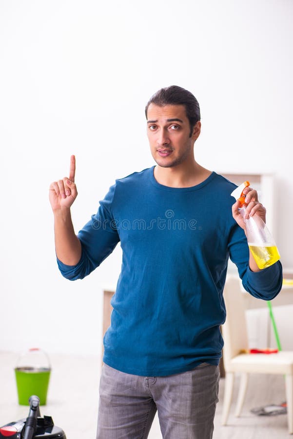 Young Man Husband Doing Housework at Home Stock Image - Image of clean ...