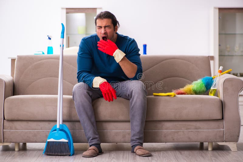 Young Man Husband Doing Housework at Home Stock Image - Image of litter ...