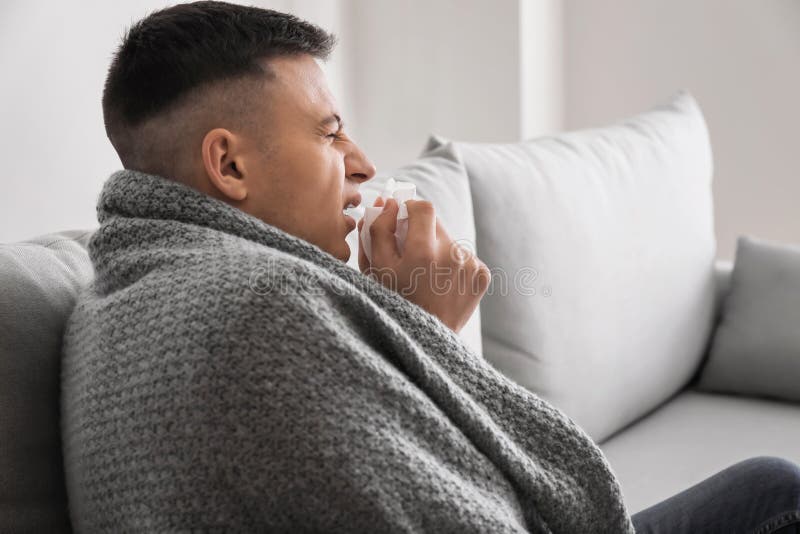 Young Man Ill with Flu at Home Stock Image - Image of plaid, allergy ...