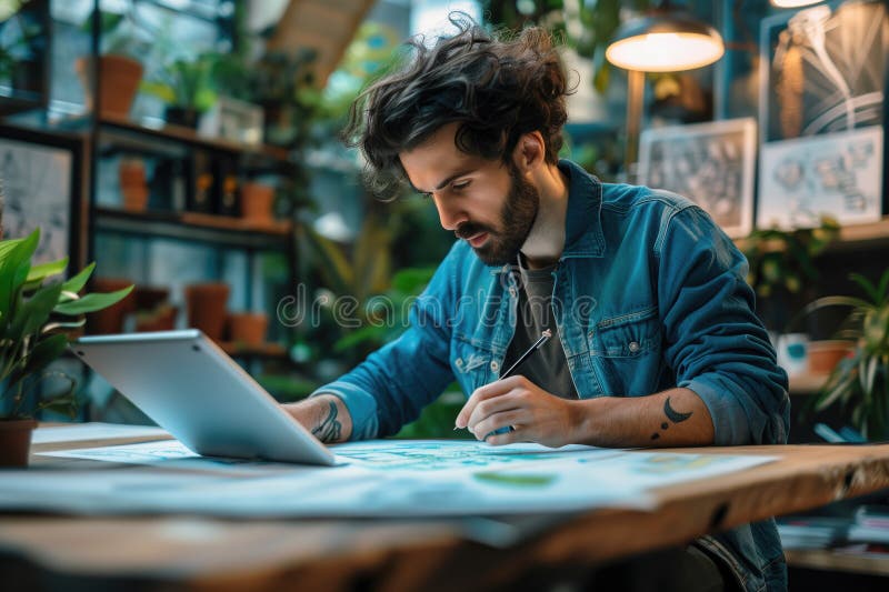 Young Man Designing in Modern Creative Studio Stock Image - Image of ...