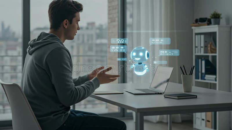 Tech Conversation: Man Engages with Holographic Chatbot in Modern ...