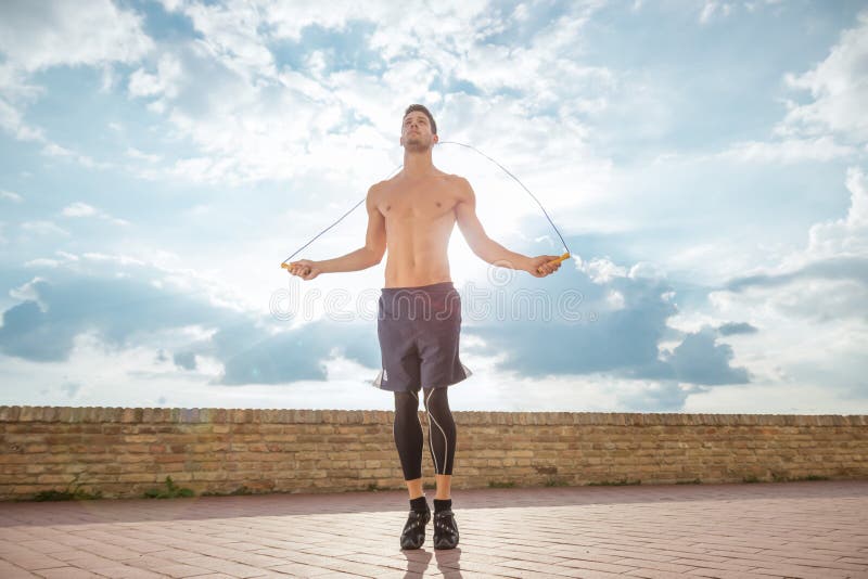 Young Man Jump Jumping Rope Fit Slim Abs Model Sunny Sky Stock Photo ...