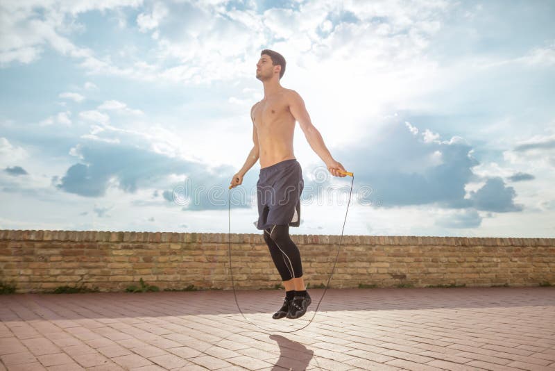 Young Man Jump Jumping Rope Fit Slim Abs Model Sunny Sky Stock Photo ...
