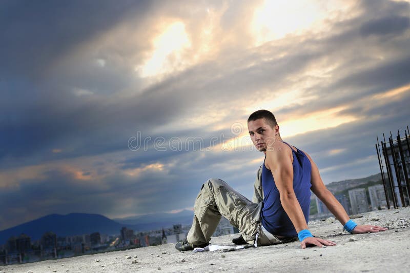 Young Man Jumping in Air Outdoor at Night Stock Image - Image of model ...