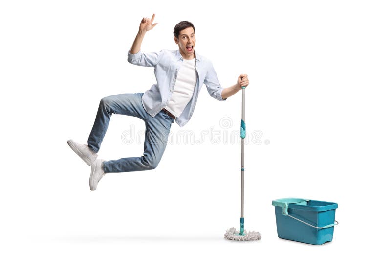 Young Man Jumping Cleaning Mop Bucket Stock Photos - Free & Royalty ...