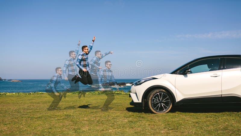 Young Man Jumping Happy with Car Stock Photo - Image of happiness ...