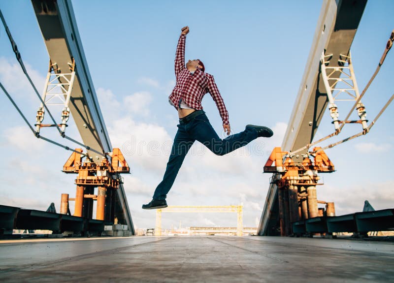 Young Man Jumping at the Urban Bridge Stock Photo - Image of break ...