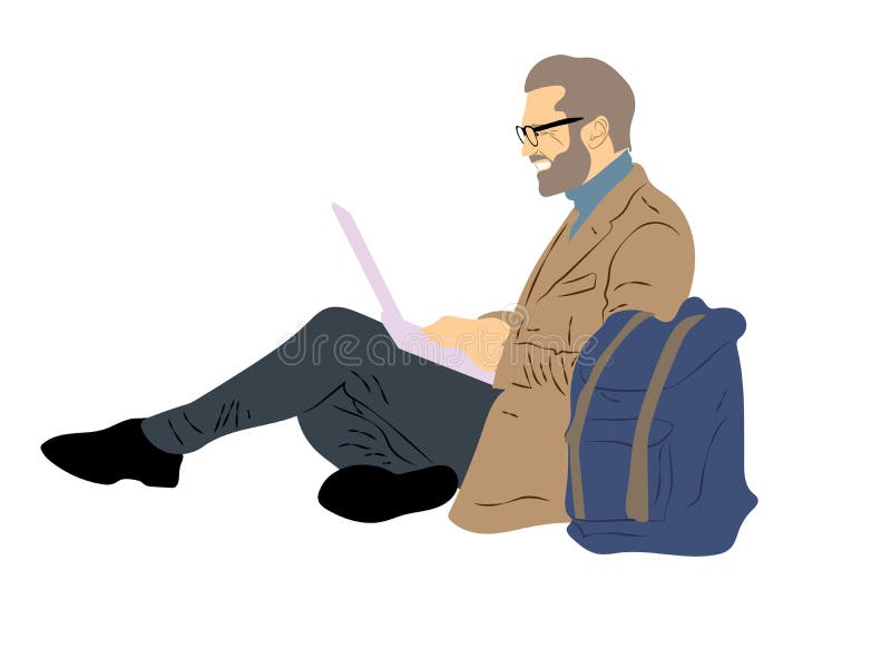 A Young Man with a Laptop and a Backpack is Sitting on the Floor. Flat ...