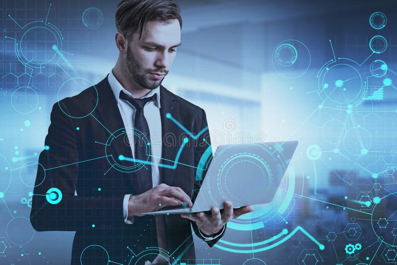 Young Man with Laptop in Office, Network Interface Stock Image - Image ...