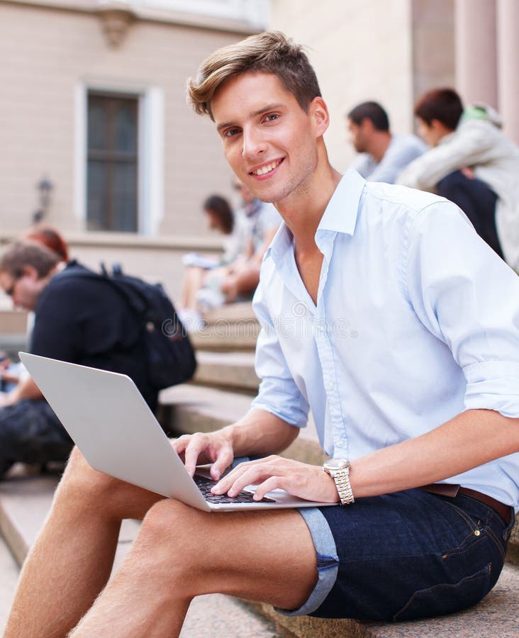 Young Man with Laptop Outdoors Stock Image - Image of person, lifestyle ...