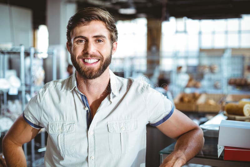Young Man Leaning on the Counter Looking the Camera Stock Photo - Image ...
