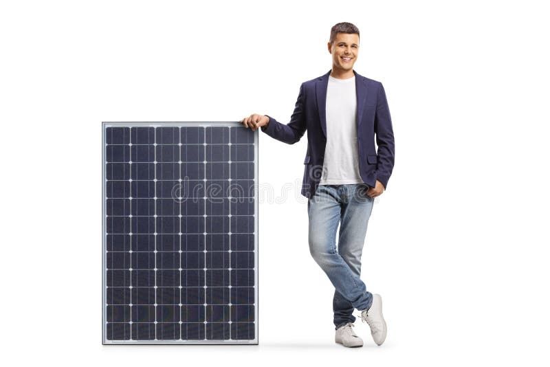 Young Man Leaning on a Solar Panel and Smiling Stock Photo - Image of ...