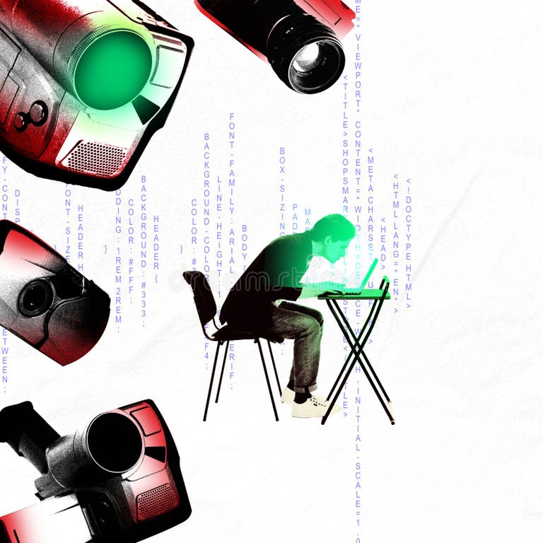 Young Man Leaning Towards Laptop Surrounded by Camera Lenses and Code ...