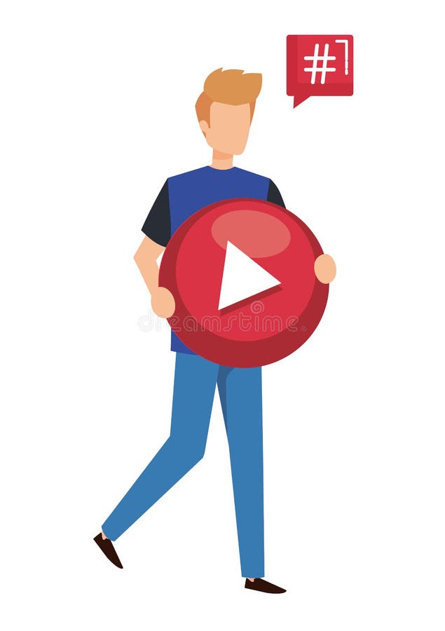 Young Man Lifting Play Button with Speech Bubble Editorial Photography ...