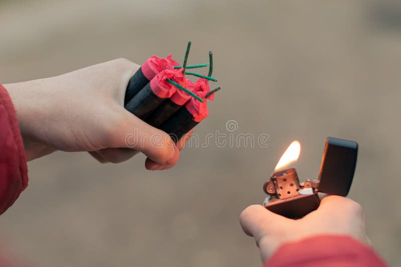 Young Man Lighting Up Several Firecrackers Stock Image - Image of ...