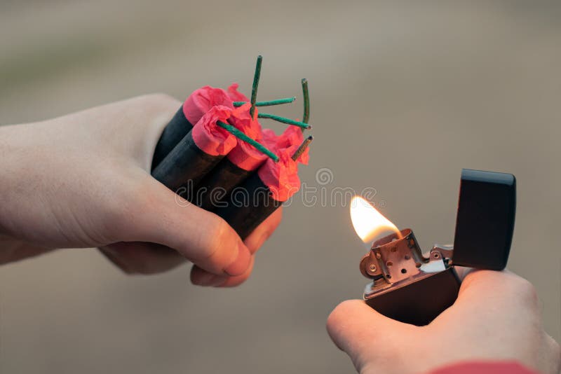 Young Man Lighting Up Several Firecrackers Stock Image - Image of ...