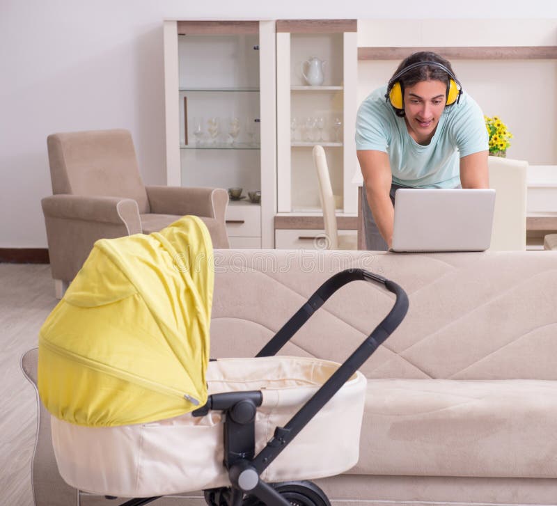 Young Man Looking after Baby in Pram Stock Image - Image of cart ...