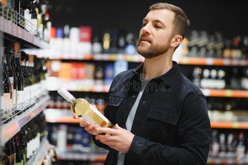 Young Man Looking at Bottle of Wine in Supermarket Stock Photo - Image ...