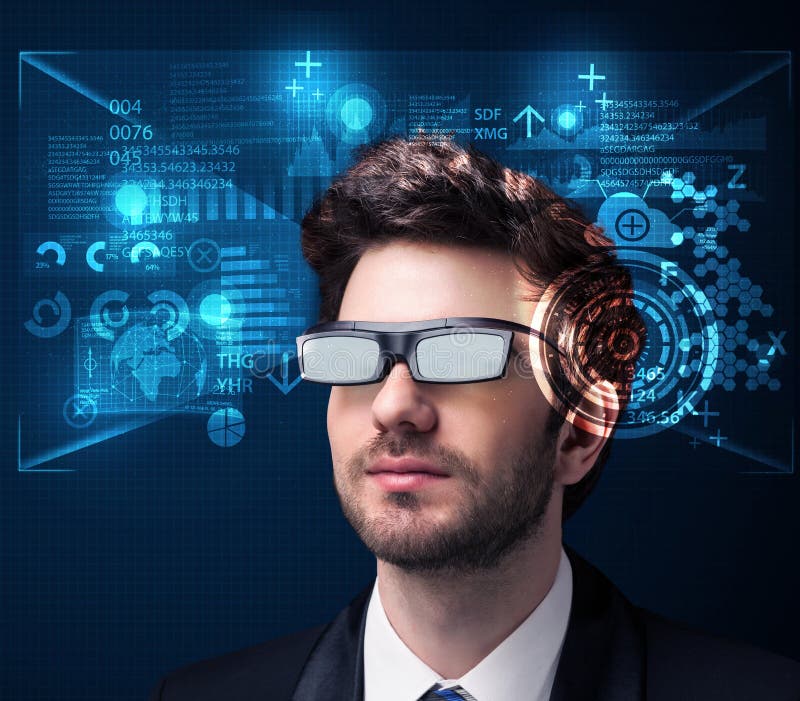 Young Man Looking with Futuristic Smart High Tech Glasses Stock Photo ...