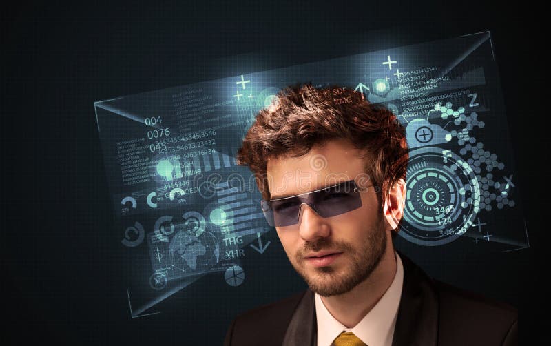 Young Man Looking with Futuristic Smart High Tech Glasses Stock Image ...