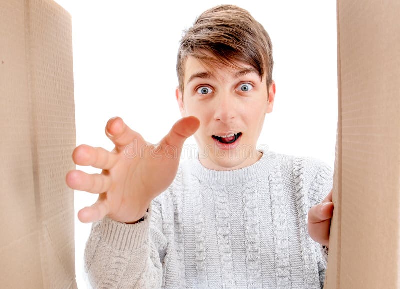 Young Man Looking Inside a Box Stock Photo - Image of postal, joyful ...