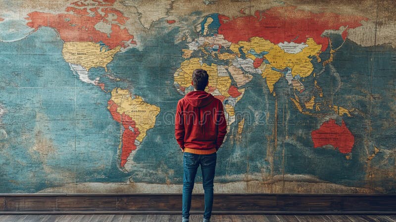 Young Man Looking at a Large World Map. Concept of Travel, Exploration ...