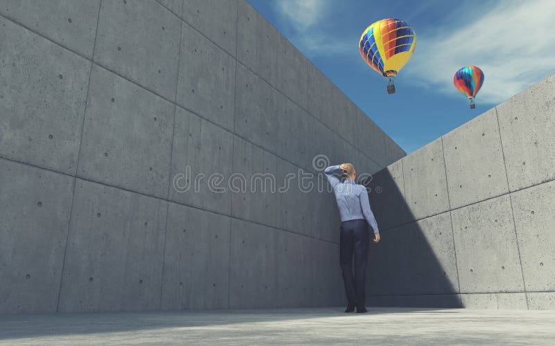 Young Man Looking Over Wall at Air Balloon Stock Illustration ...