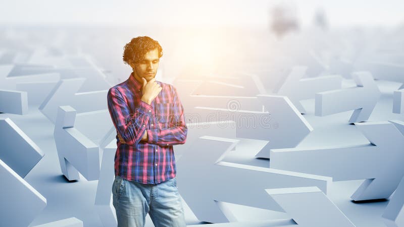 Young Man and Lots of Arrows with Different Directions. Mixed Media ...