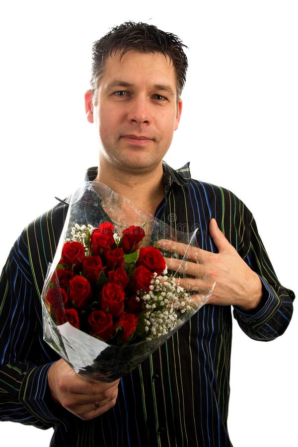 Romantic Young Couple In Love Man Holding Surprise Bouquet Of R Stock