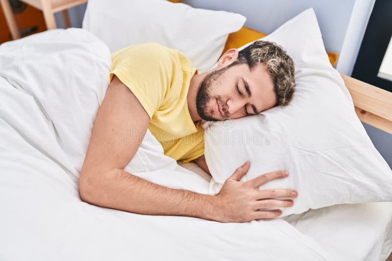 Young Man Lying on Bed Sleeping at Bedroom Stock Image - Image of adult ...