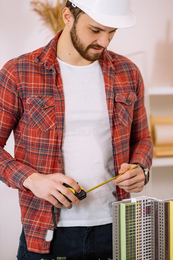 Young Man Making Building Model in Office Stock Image - Image of detail ...