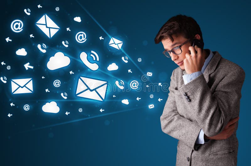 Young Man Making Phone Call with Message Icons Stock Image - Image of ...